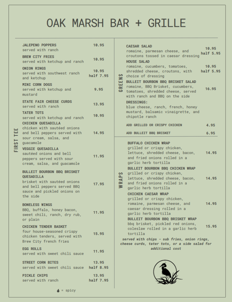 Menu - Oak Marsh Golf Course